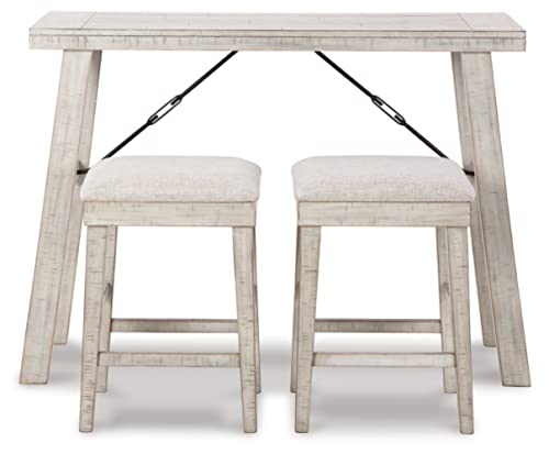 Signature Design by Ashley Carynhurst Coastal Counter Height Dining Table Set with Upholstered Bar Stools, Set of 3, White & Beige