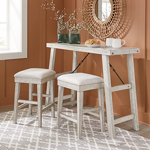 Signature Design by Ashley Carynhurst Coastal Counter Height Dining Table Set with Upholstered Bar Stools, Set of 3, White & Beige