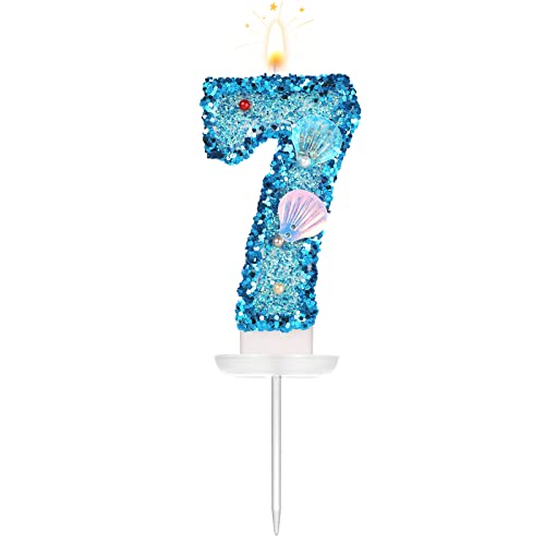 3 Inch Shell Birthday Number Candle, Glitter Number Candle Cake Topper Shell Sequins Cake Numeral for Birthday Wedding Anniversary Mermaid Themed Party (Blue, 7)