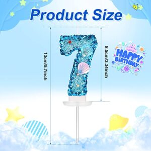 3 Inch Shell Birthday Number Candle, Glitter Number Candle Cake Topper Shell Sequins Cake Numeral for Birthday Wedding Anniversary Mermaid Themed Party (Blue, 7)