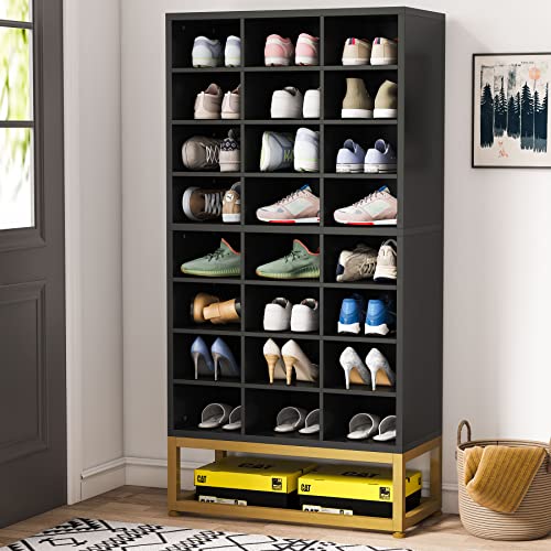 Tribesigns 8-Tier Shoe Storage Cabinet, Freestanding Wooden Shoe Closet Rack with 24 Cubbies, Tall Entryway Shoe Organizer with Adjustable Partition for Closet, Living Room, Black & Gold