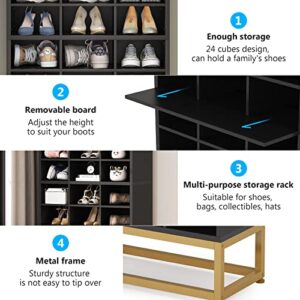 Tribesigns 8-Tier Shoe Storage Cabinet, Freestanding Wooden Shoe Closet Rack with 24 Cubbies, Tall Entryway Shoe Organizer with Adjustable Partition for Closet, Living Room, Black & Gold