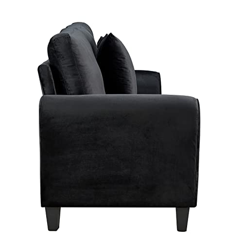 LUCKHAO Velvet Sofa Couch for Living Room,78” Upholstered 3-Seater Couch wiht Solid Wood Frame Legs,Modern Comfy Sofa with 2 Pillows for Living Room(Black)