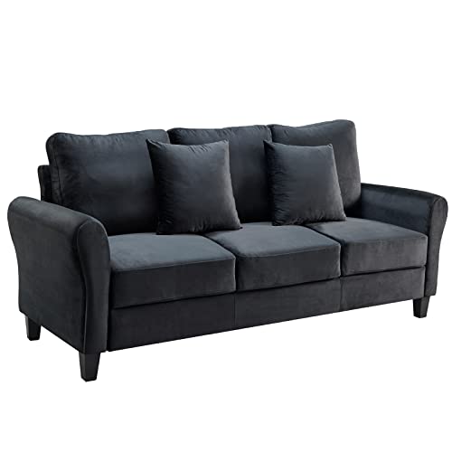 LUCKHAO Velvet Sofa Couch for Living Room,78” Upholstered 3-Seater Couch wiht Solid Wood Frame Legs,Modern Comfy Sofa with 2 Pillows for Living Room(Black)