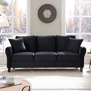 LUCKHAO Velvet Sofa Couch for Living Room,78” Upholstered 3-Seater Couch wiht Solid Wood Frame Legs,Modern Comfy Sofa with 2 Pillows for Living Room(Black)