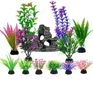 awxzom 13pcs fish tank decorations, aquarium artificial plastic plants and cave rock decor set, small to large aquarium plants, betta fish tank accessories aquarium plants (style1)