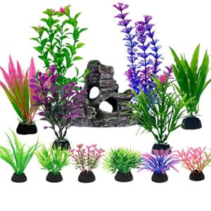 AWXZOM 13pcs Fish Tank Decorations, Aquarium Artificial Plastic Plants and Cave Rock Decor Set, Small to Large Aquarium Plants, Betta Fish Tank Accessories Aquarium Plants (style1)