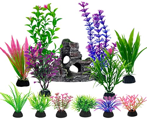 AWXZOM 13pcs Fish Tank Decorations, Aquarium Artificial Plastic Plants and Cave Rock Decor Set, Small to Large Aquarium Plants, Betta Fish Tank Accessories Aquarium Plants (style1)