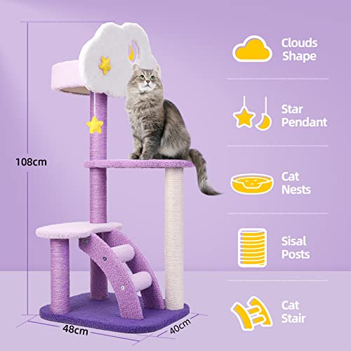 Mora Pets Cat Tree Cute for Indoor Cats Purple Cat Tower 46.5 inch Tall Unique Cat Tree with Sisal Scratching Posts Multi-Level Cloud Moon Cat Tower for Small Large Cats Kitty Kittens