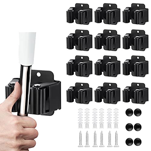 JAMEND CLXP 12PCS Broom and Mop Holder, Heavy Duty Garden Tool Organizer Rack Rake and Shovel Handle, Stainless Steel Mop Hanger. Wall Mounted with Screws.Matte Black