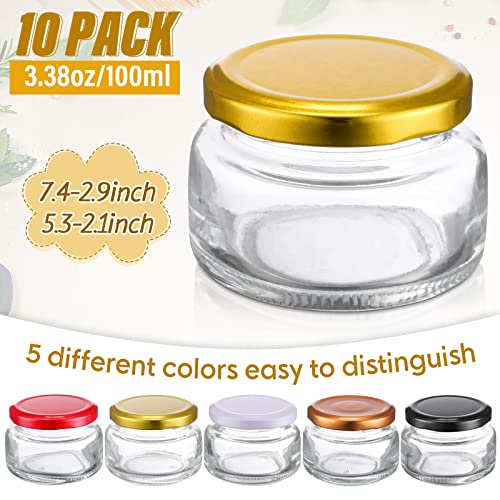 10 Pcs 3.4 oz Glass Condiment Containers with Metal Lids Small Salad Dressing Container to Go Leakproof Salad Jars with Lids Reusable Glass Containers with Lids for Food Sauce Picnic Travel, 5 Colors