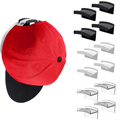 Hat Rack for Wall (12Pack) Adhesive Hat Racks for Baseball Caps Hat Hooks for Wall Hat Organizer Strong Hat Hanger to Display for Wall,Door, Closet,Office, Bedroom (Transparent,White,Black)