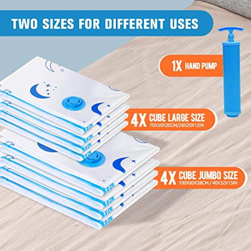 Cube Vacuum Storage Bags, 8 Pack(4 Jumbo+ 4 Large) Space Saver Bags with Hand Pump, Vacuum Compression Sealer Storage Bags for Clothes, Mattress, Blanket, Duvets, Pillows, Comforters,Travel, Moving