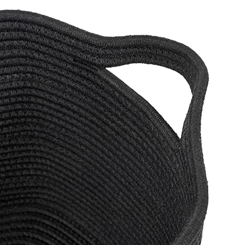 CHICVITA Black Woven Rope Storage Basket with Handles, Soft Rectangle Shelf Basket for Toys, Books, Cloth, Towel, Shoe, Farmhouse Decorative Basket for Bathroom, Living Room, Nursery, 13.5 x 11 x 9.5