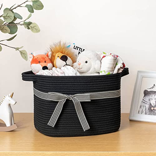 CHICVITA Black Woven Rope Storage Basket with Handles, Soft Rectangle Shelf Basket for Toys, Books, Cloth, Towel, Shoe, Farmhouse Decorative Basket for Bathroom, Living Room, Nursery, 13.5 x 11 x 9.5