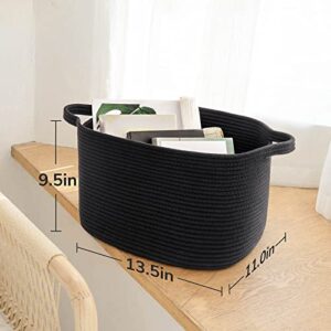 CHICVITA Black Woven Rope Storage Basket with Handles, Soft Rectangle Shelf Basket for Toys, Books, Cloth, Towel, Shoe, Farmhouse Decorative Basket for Bathroom, Living Room, Nursery, 13.5 x 11 x 9.5