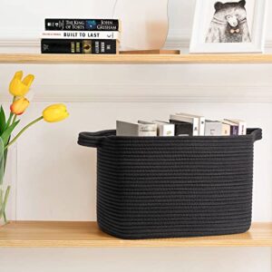 CHICVITA Black Woven Rope Storage Basket with Handles, Soft Rectangle Shelf Basket for Toys, Books, Cloth, Towel, Shoe, Farmhouse Decorative Basket for Bathroom, Living Room, Nursery, 13.5 x 11 x 9.5