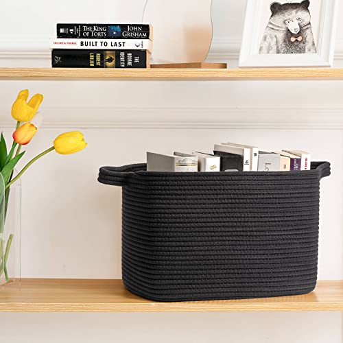 CHICVITA Black Woven Rope Storage Basket with Handles, Soft Rectangle Shelf Basket for Toys, Books, Cloth, Towel, Shoe, Farmhouse Decorative Basket for Bathroom, Living Room, Nursery, 13.5 x 11 x 9.5