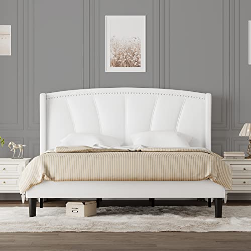 Full Size Bed Frame Upholstered Queen Bed Frame with Faux Leather Headbaord Modern Deluxe Wingback, Mattress Foundation Wood Slat Support Platform Bed No Box Spring Needed, Easy Assembly, White