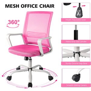 Desk Chair, Office Chair Mesh, Ergonomic Home Office Desk Chair Swivel Adjustable Task Chair Computer Chairs Mid Back with Rolling Wheels and Armrests, Pink