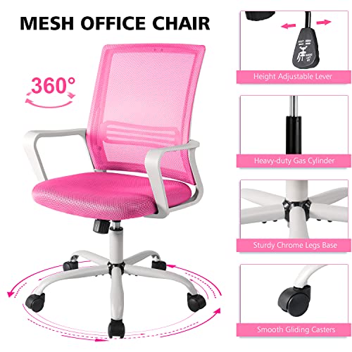 Desk Chair, Office Chair Mesh, Ergonomic Home Office Desk Chair Swivel Adjustable Task Chair Computer Chairs Mid Back with Rolling Wheels and Armrests, Pink