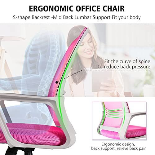 Desk Chair, Office Chair Mesh, Ergonomic Home Office Desk Chair Swivel Adjustable Task Chair Computer Chairs Mid Back with Rolling Wheels and Armrests, Pink