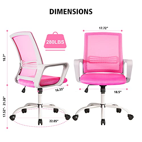 Desk Chair, Office Chair Mesh, Ergonomic Home Office Desk Chair Swivel Adjustable Task Chair Computer Chairs Mid Back with Rolling Wheels and Armrests, Pink