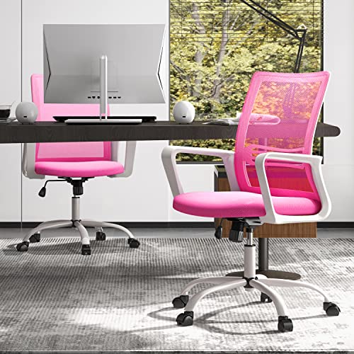 Desk Chair, Office Chair Mesh, Ergonomic Home Office Desk Chair Swivel Adjustable Task Chair Computer Chairs Mid Back with Rolling Wheels and Armrests, Pink