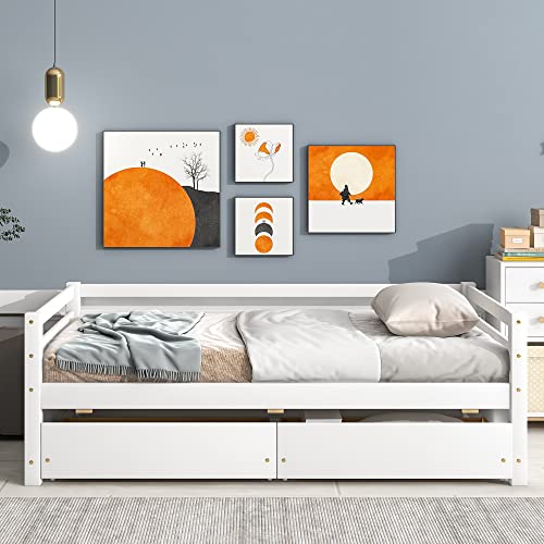 ODC Twin Size Daybed with Two Storage Drawers, Multifunctional Wood Sofa Bed Modern Daybed with Slat Support for Bedroom Living Room