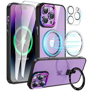 facweek designed for iphone 14 pro max case clear, invisible magnetic stand case [compatible with magsafe] with colorful camera bezel [1x lens protector+2x screen protector] 6.7 inch, clear and black