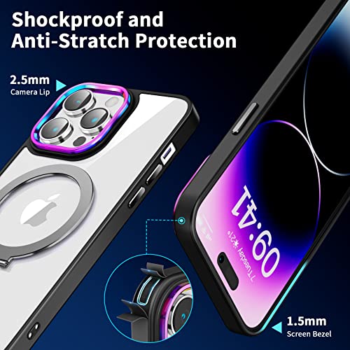 Facweek Designed for iPhone 14 Pro Max Case Clear, Invisible Magnetic Stand Case [Compatible with MagSafe] with Colorful Camera Bezel [1x Lens Protector+2X Screen Protector] 6.7 Inch, Clear and Black