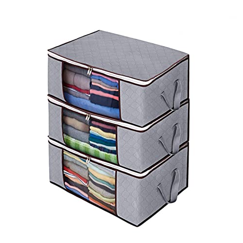 XIANGRIKUI Storage Bags, 3 Pack Clothes Storage Bins Foldable Closet Organizer Foldable Storage Bag Containers with Clear Window for Clothing, Blanket, Bedding, Bed Sheets (Grey)