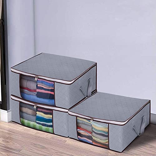 XIANGRIKUI Storage Bags, 3 Pack Clothes Storage Bins Foldable Closet Organizer Foldable Storage Bag Containers with Clear Window for Clothing, Blanket, Bedding, Bed Sheets (Grey)