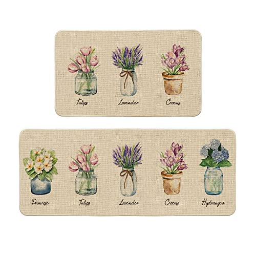 Artoid Mode Tulip Lavender Hydrangea Flowers Spring Kitchen Mats Set of 2, Home Decor Low-Profile Kitchen Rugs for Floor - 17x29 and 17x47 Inch