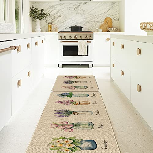 Artoid Mode Tulip Lavender Hydrangea Flowers Spring Kitchen Mats Set of 2, Home Decor Low-Profile Kitchen Rugs for Floor - 17x29 and 17x47 Inch