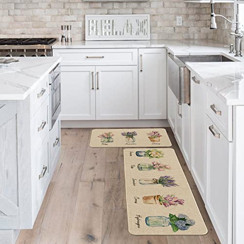 Artoid Mode Tulip Lavender Hydrangea Flowers Spring Kitchen Mats Set of 2, Home Decor Low-Profile Kitchen Rugs for Floor - 17x29 and 17x47 Inch