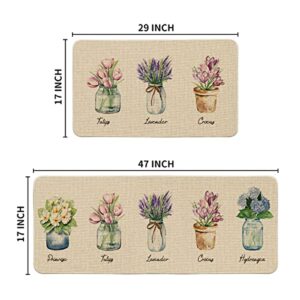 Artoid Mode Tulip Lavender Hydrangea Flowers Spring Kitchen Mats Set of 2, Home Decor Low-Profile Kitchen Rugs for Floor - 17x29 and 17x47 Inch