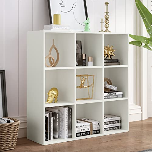 OSCHF 9-Cube Storage Shelf Bookcase - Wooden 3-Tier Floor Standing Open Bookshelf for Home and Office, Display Cabinet, Warm White