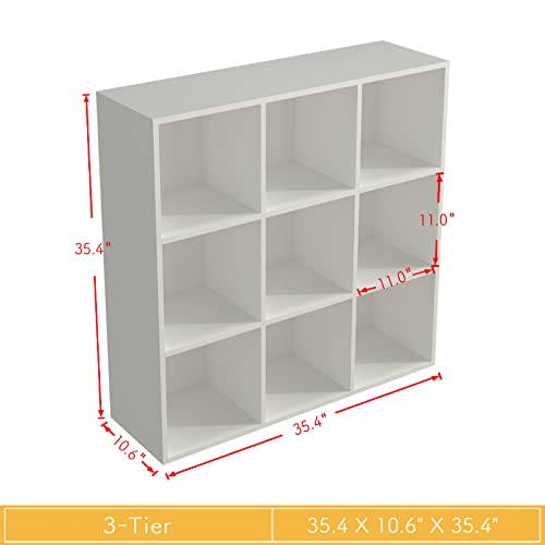 OSCHF 9-Cube Storage Shelf Bookcase - Wooden 3-Tier Floor Standing Open Bookshelf for Home and Office, Display Cabinet, Warm White