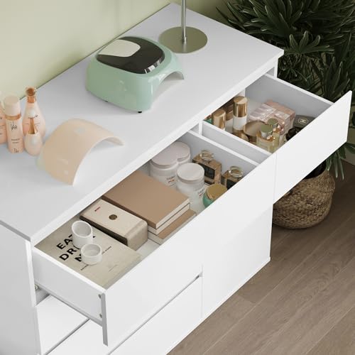 FOTOSOK 5 Drawer Dresser, White Dresser Modern Dresser for TV Stand, Double Dresser Wide Storage Chests of Drawer with Door, Deep Drawers and Wide Storage Space