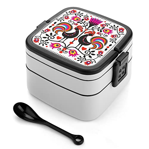 Folk Roosters Lunch Box Portable Double-Layer Bento Box Large Capacity Lunch Container Food Container with Spoon