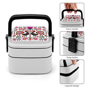 Folk Roosters Lunch Box Portable Double-Layer Bento Box Large Capacity Lunch Container Food Container with Spoon