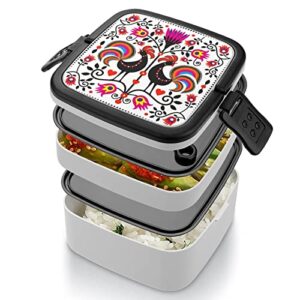 Folk Roosters Lunch Box Portable Double-Layer Bento Box Large Capacity Lunch Container Food Container with Spoon