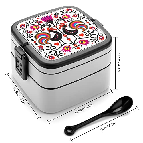 Folk Roosters Lunch Box Portable Double-Layer Bento Box Large Capacity Lunch Container Food Container with Spoon