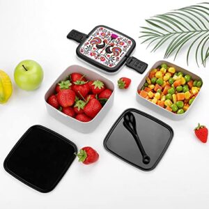 Folk Roosters Lunch Box Portable Double-Layer Bento Box Large Capacity Lunch Container Food Container with Spoon