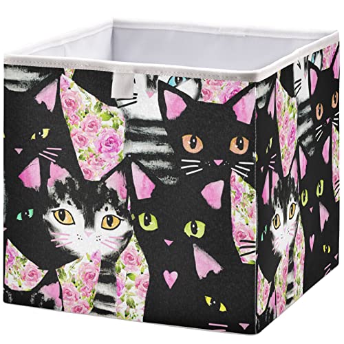 visesunny Rectangular Shelf Basket Black Cat Floral Clothing Storage Bins Closet Bin with Handles Foldable Rectangle Storage Baskets Fabric Containers Boxes for Clothes,Books,Toys,Shelves,Gifts