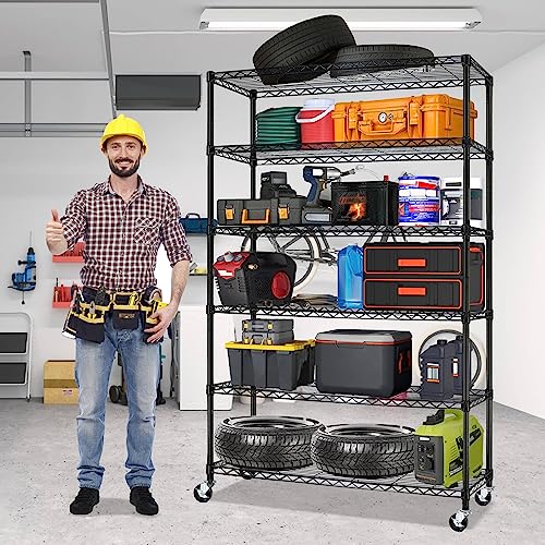 6 Tier Metal Shelving Unit 2100Lb Capacity Adjustable Shelves for Storage, Heavy Duty Wire Shelf with Wheels & Feet 48" L×18" W×72" H Layered Storage Rack for Restaurant Garage Pantry Kitchen Basement