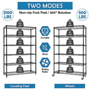 6 Tier Metal Shelving Unit 2100Lb Capacity Adjustable Shelves for Storage, Heavy Duty Wire Shelf with Wheels & Feet 48" L×18" W×72" H Layered Storage Rack for Restaurant Garage Pantry Kitchen Basement