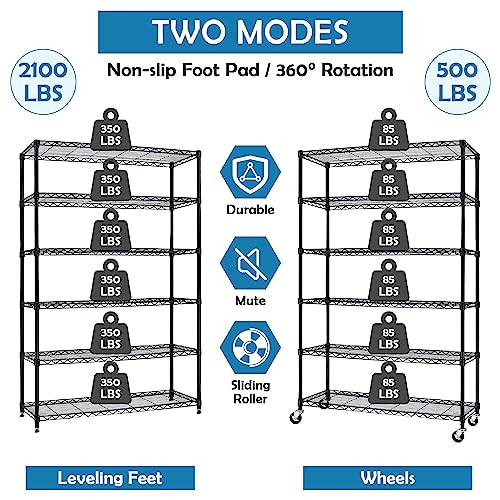 6 Tier Metal Shelving Unit 2100Lb Capacity Adjustable Shelves for Storage, Heavy Duty Wire Shelf with Wheels & Feet 48" L×18" W×72" H Layered Storage Rack for Restaurant Garage Pantry Kitchen Basement