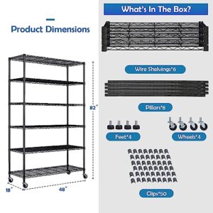 6 Tier Metal Shelving Unit 2100Lb Capacity Adjustable Shelves for Storage, Heavy Duty Wire Shelf with Wheels & Feet 48" L×18" W×72" H Layered Storage Rack for Restaurant Garage Pantry Kitchen Basement